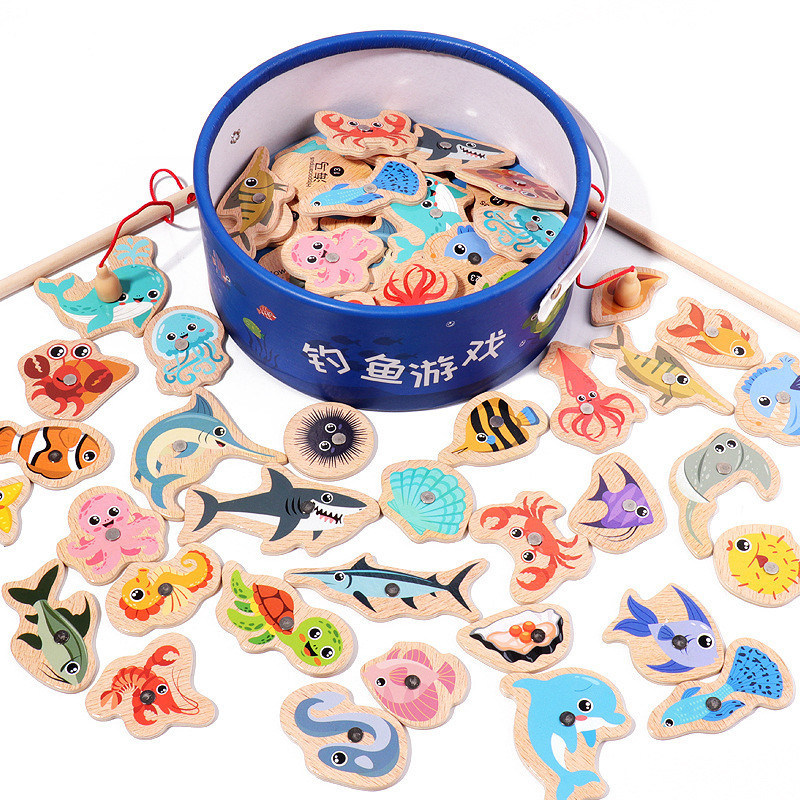 Montessori Wooden Magnetic Fishing Toys Marine Life Cognition Fish ...