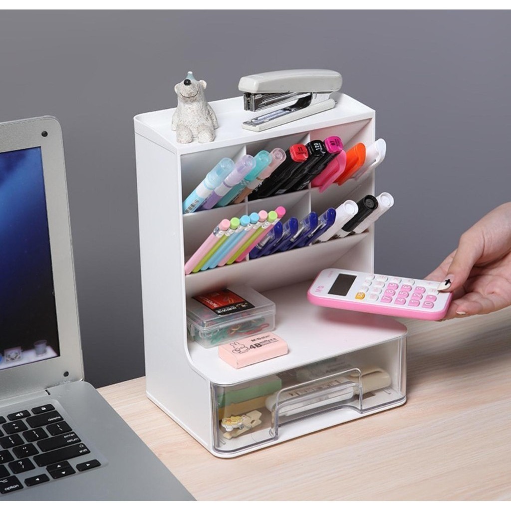 Desktop Storage Box Pen Holder 6-grid Desk Pen Organizer with Drawer ...