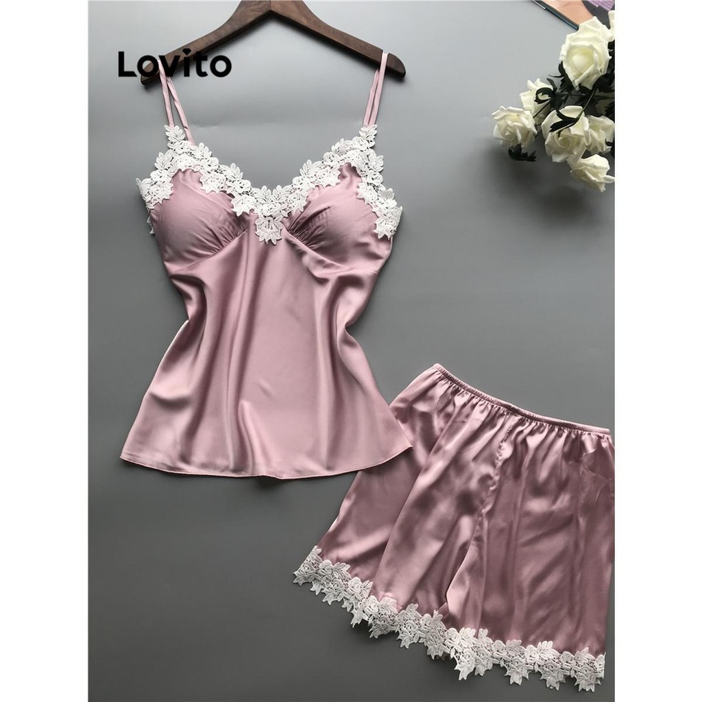 Lovito Casual Plain Contrast Binding Lace Pajama Set for Women LNE49505 ...
