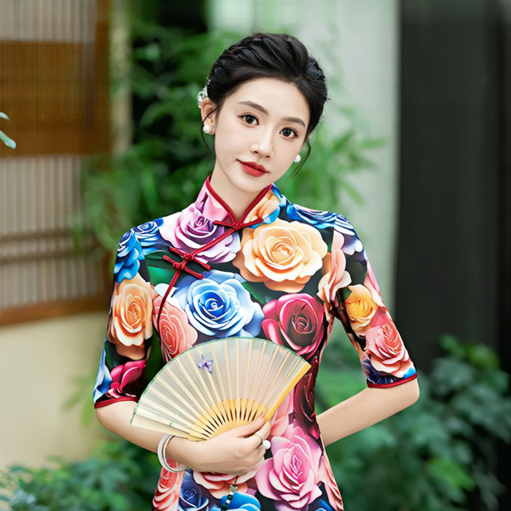 2024 New Cheongsam Exclusive Printed Dress Plus Size Short Sleeve CNY ...