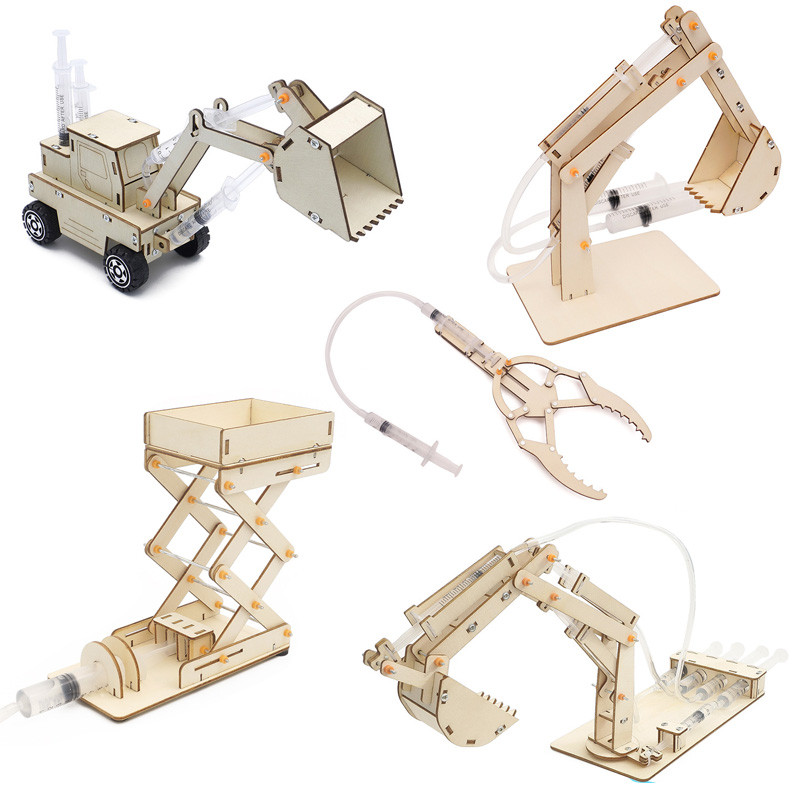 STEM Science Education Toy Wooden DIY Hydraulic Excavator Model Toys ...