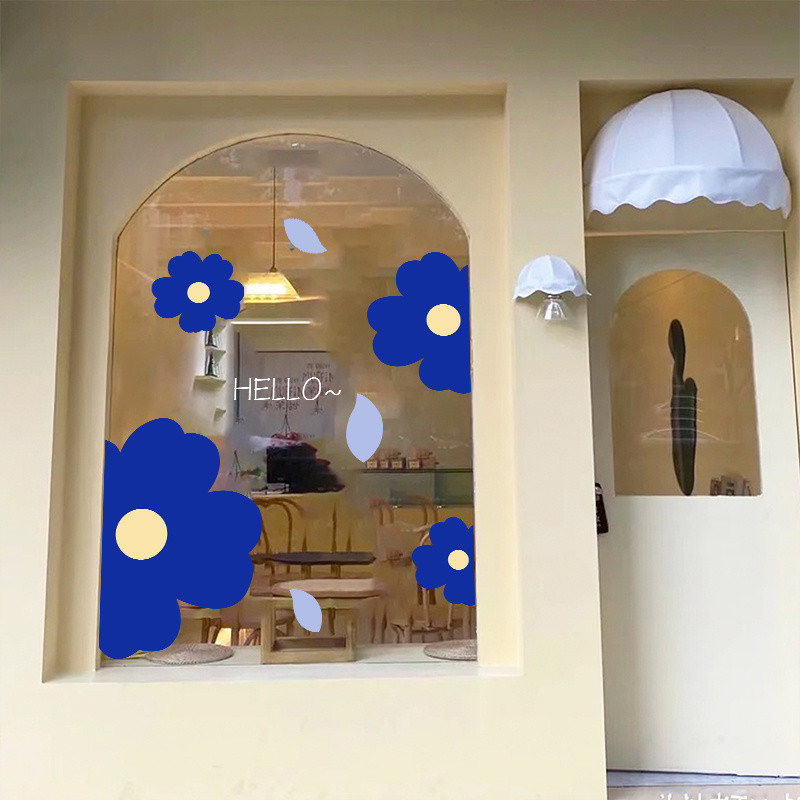 Wallpaper for Trendy Store Decor Glass Door Stickers Blue Flower Window ...