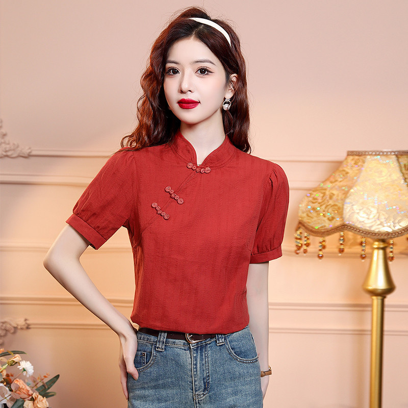 Stand Collar Cheongsam Style Buttoned Shirt Women Summer Short Sleeve ...