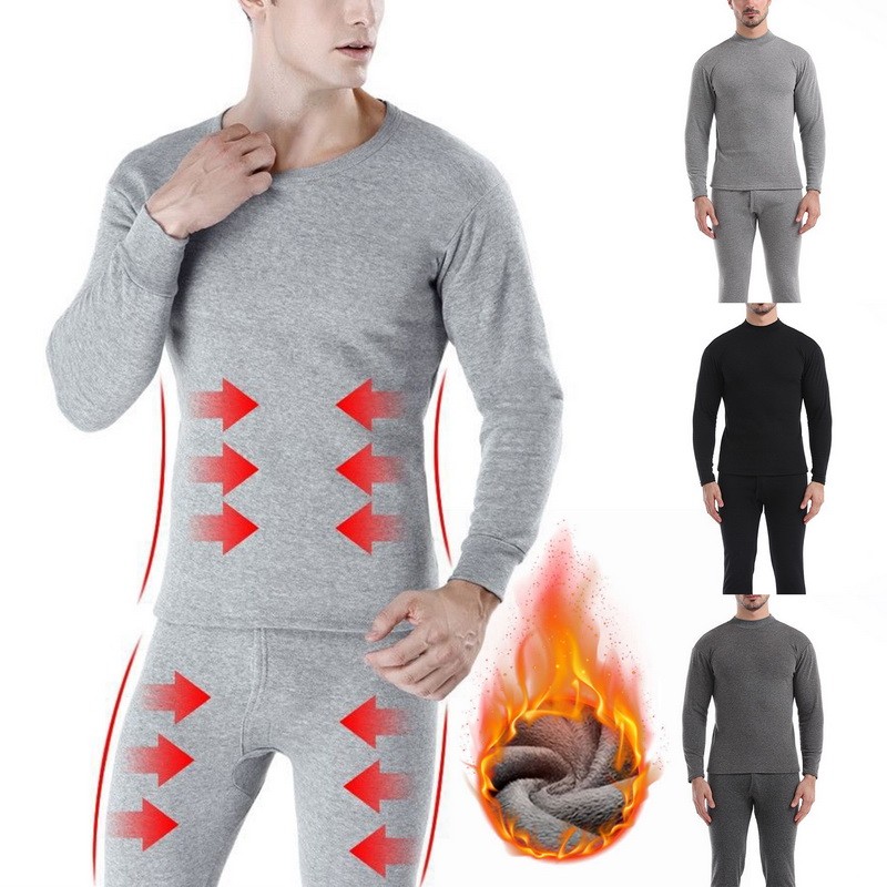 Winter Men Thermal Underwear Set Soft Cotton Fleece-lined Warm Long ...