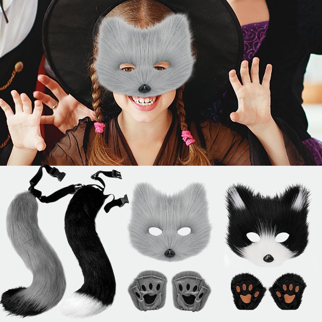Wolf Cosplay Cat Tail And Paw Gloves Set Fun Animal Cat Tail Cosplay ...