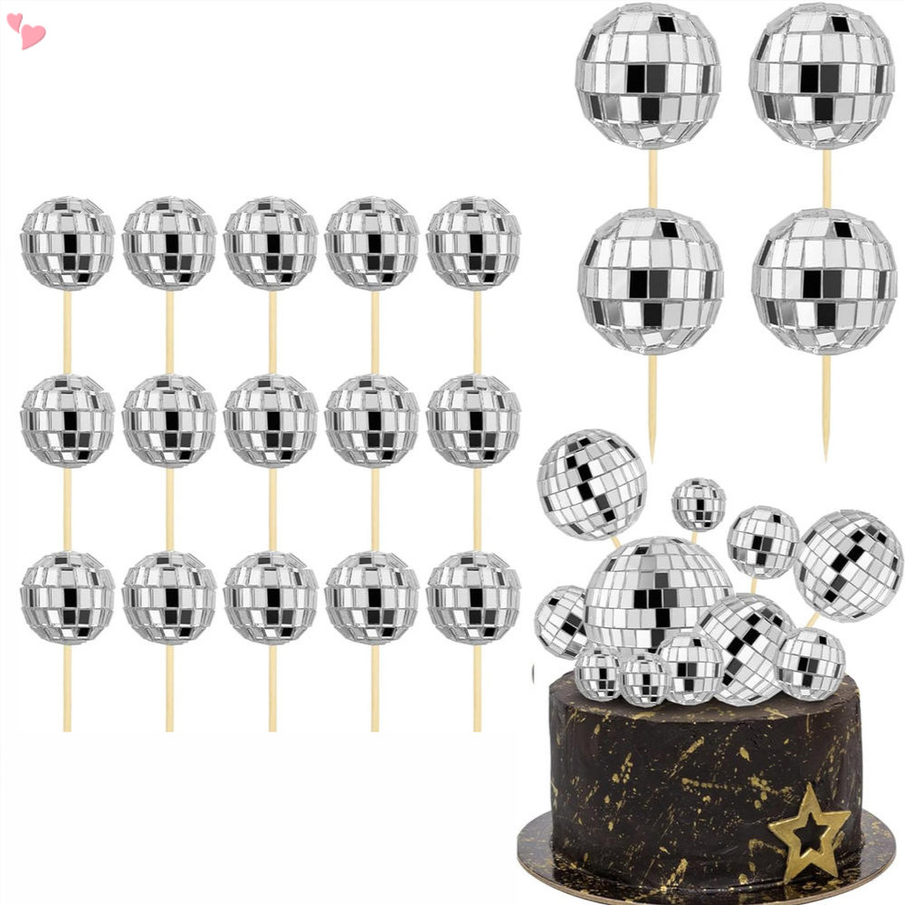 24 PCS Disco Ball Cupcake Toppers, Silver Small Mirror Ball Cake ...