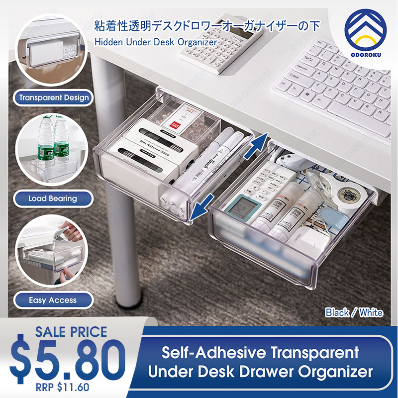 ODOROKU Transparent Self-Adhesive Under Desk Drawer Organizer Under ...