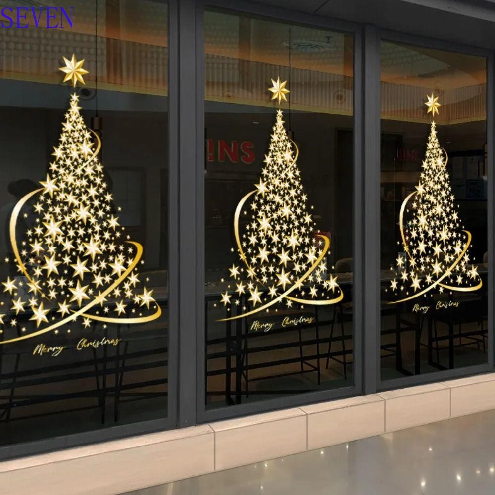 SEVEN Christmas Tree Window Stickers, Golden Creative Xmas Decals ...