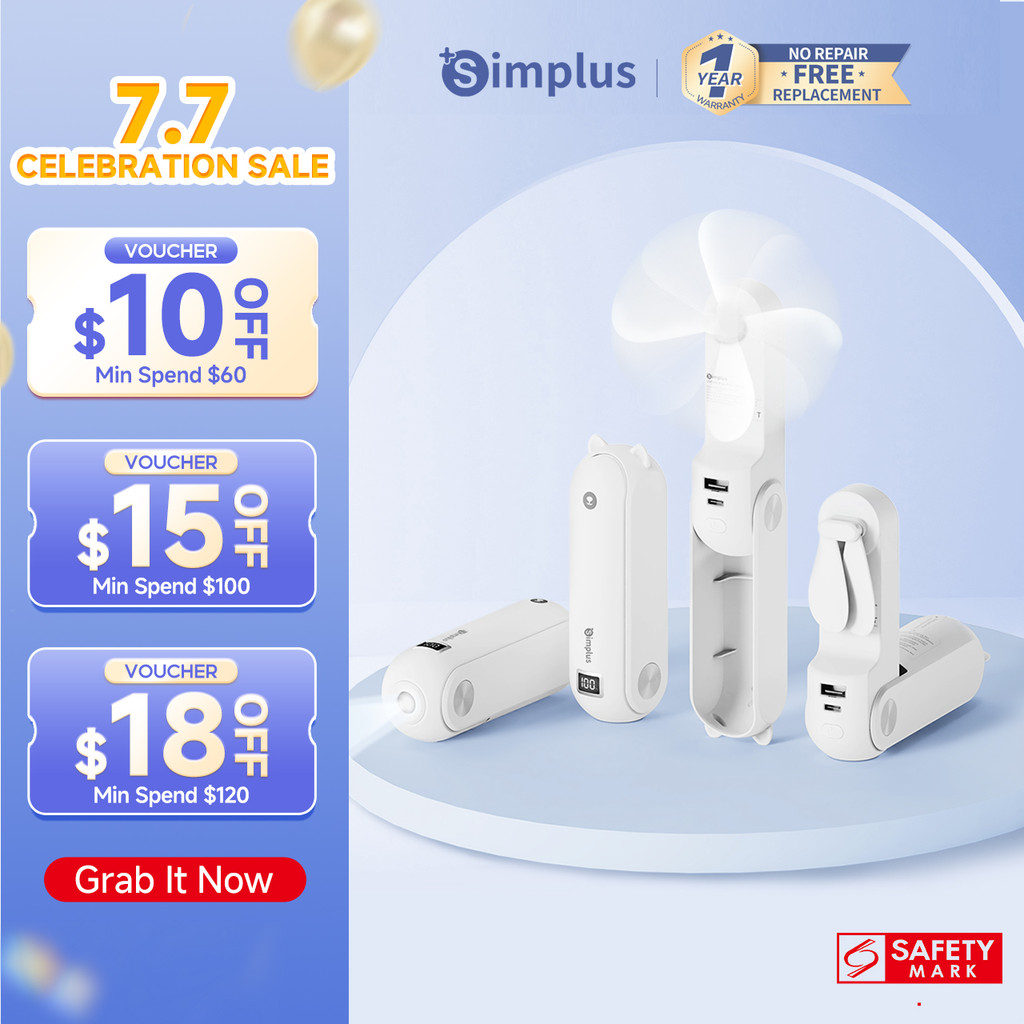 Simplus Smart Small Fan Handheld USB Electric Fan Portable Foldable 3 Speed Levels Mini Desk fan ...