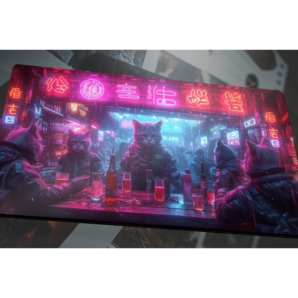Futuristic Gaming Desk Mat Anamorphic Cat Playmat RPG PC Gamer Neon Bar ...