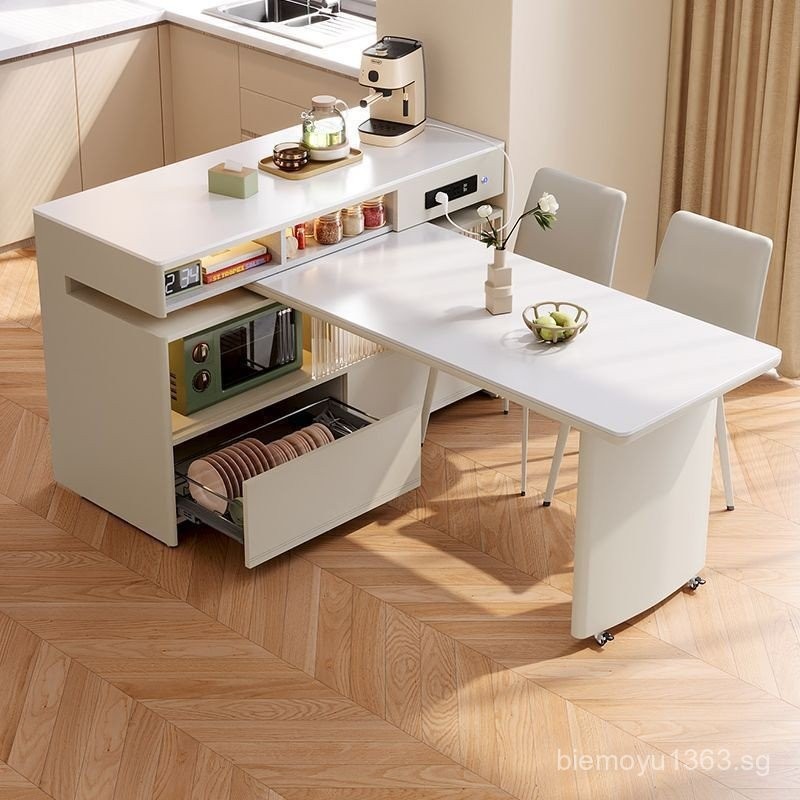 Retractable Mobile Kitchen Island Dining Table Integrated Cream Style ...
