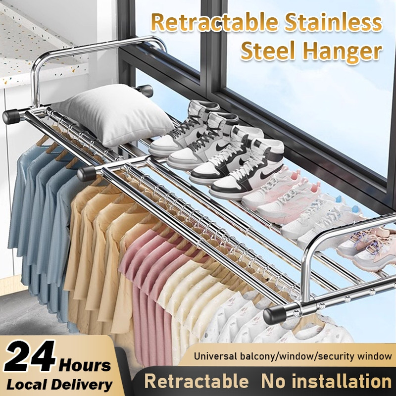Stainless Steel Foldable Towel Hanger Extendable Balcony Clothes Hanger ...
