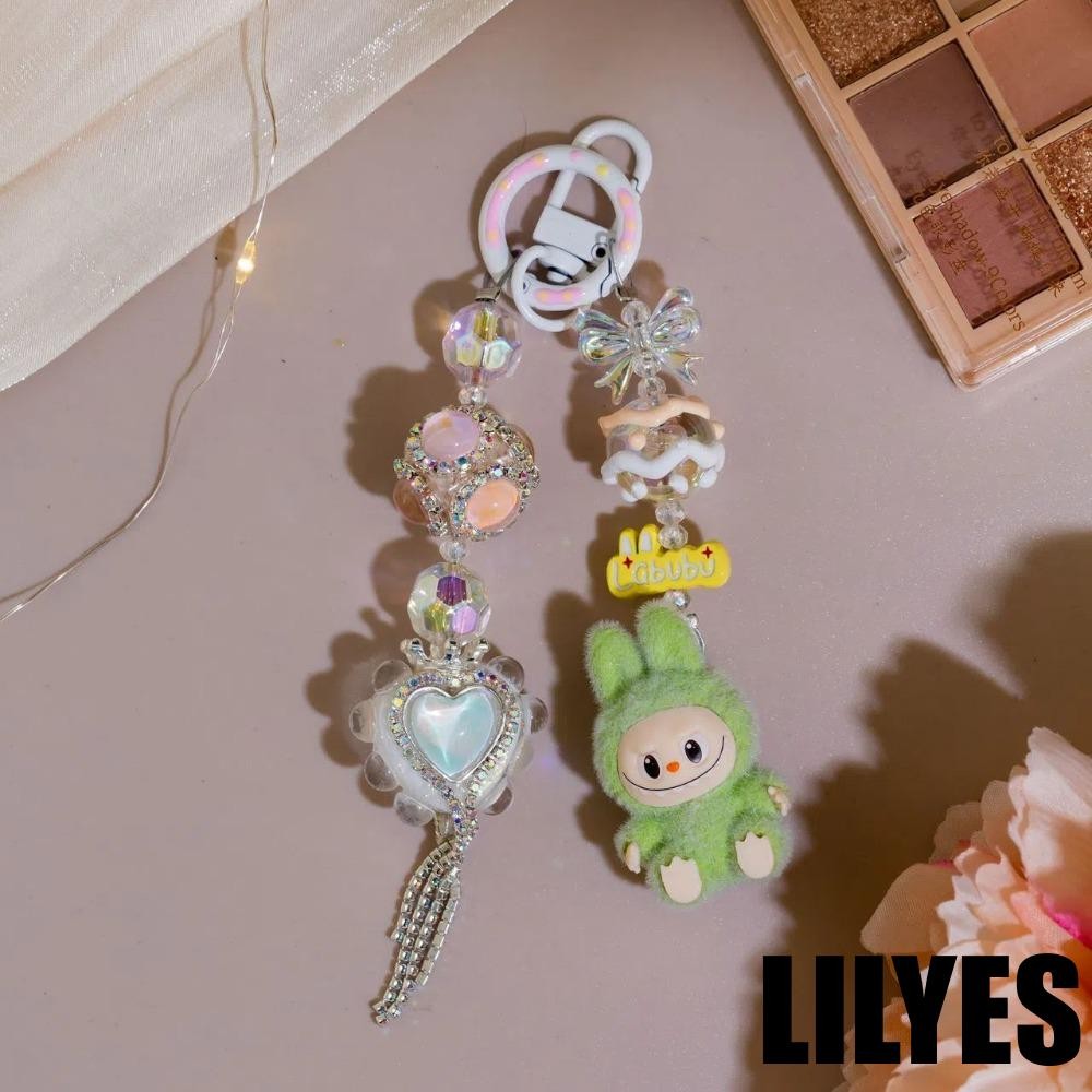 LILYES Flocking Labubu Key Ring, Heart Beads Sit Down Labubu Pendant ...