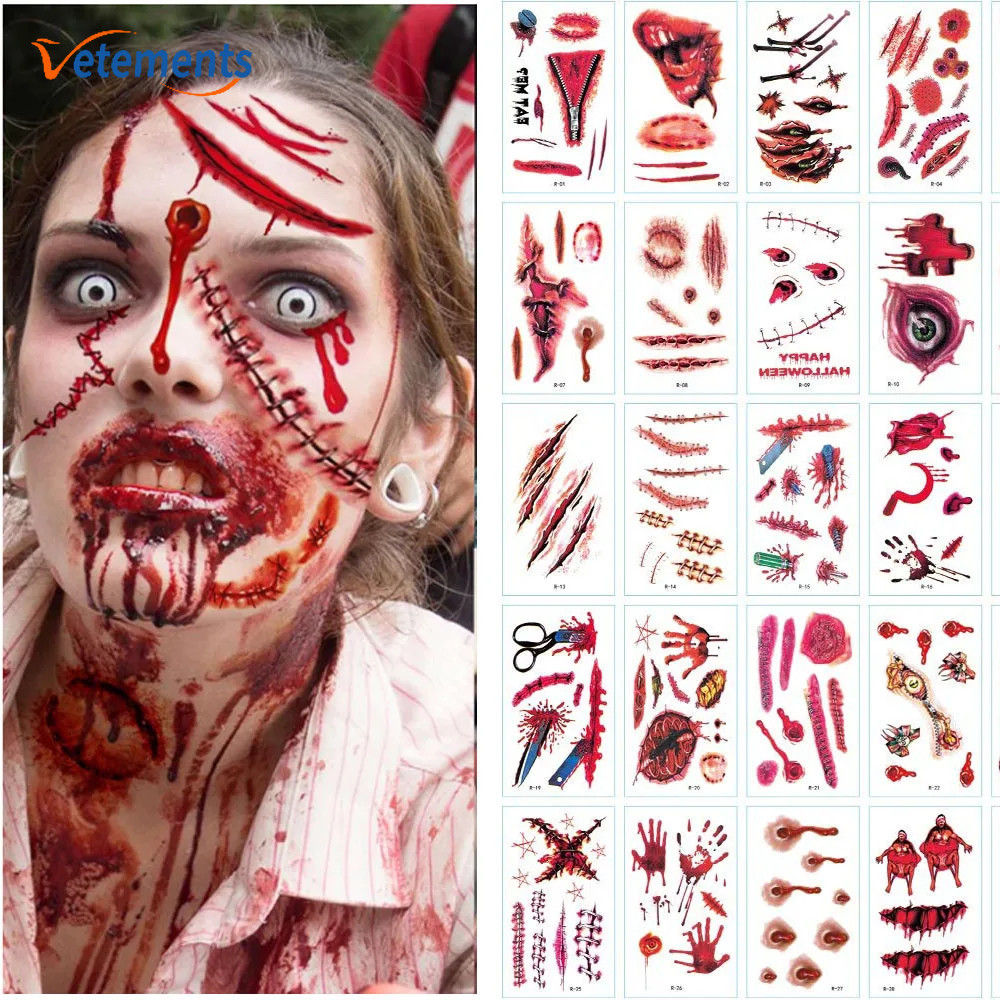 5 Sheets Halloween Bloody Tattoo Stickers Wound Terror Realistic Scar ...