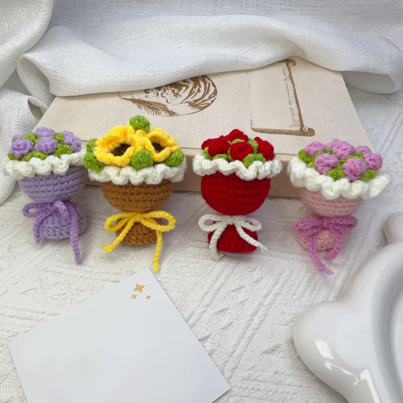 1PC Mini Crochet Bouquet Hand Woven Knitted Sunflower Rose Flower DIY ...