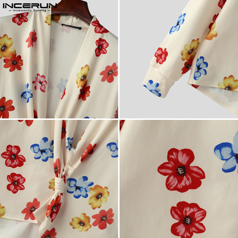 INCERUN Men Vintage Casual Floral Print Twisted V-Neck Long Sleeve ...