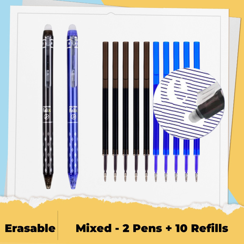 Retractable Erasable Gel Pens Set - 2 Pens + 10 Refills, 0.5mm Black ...