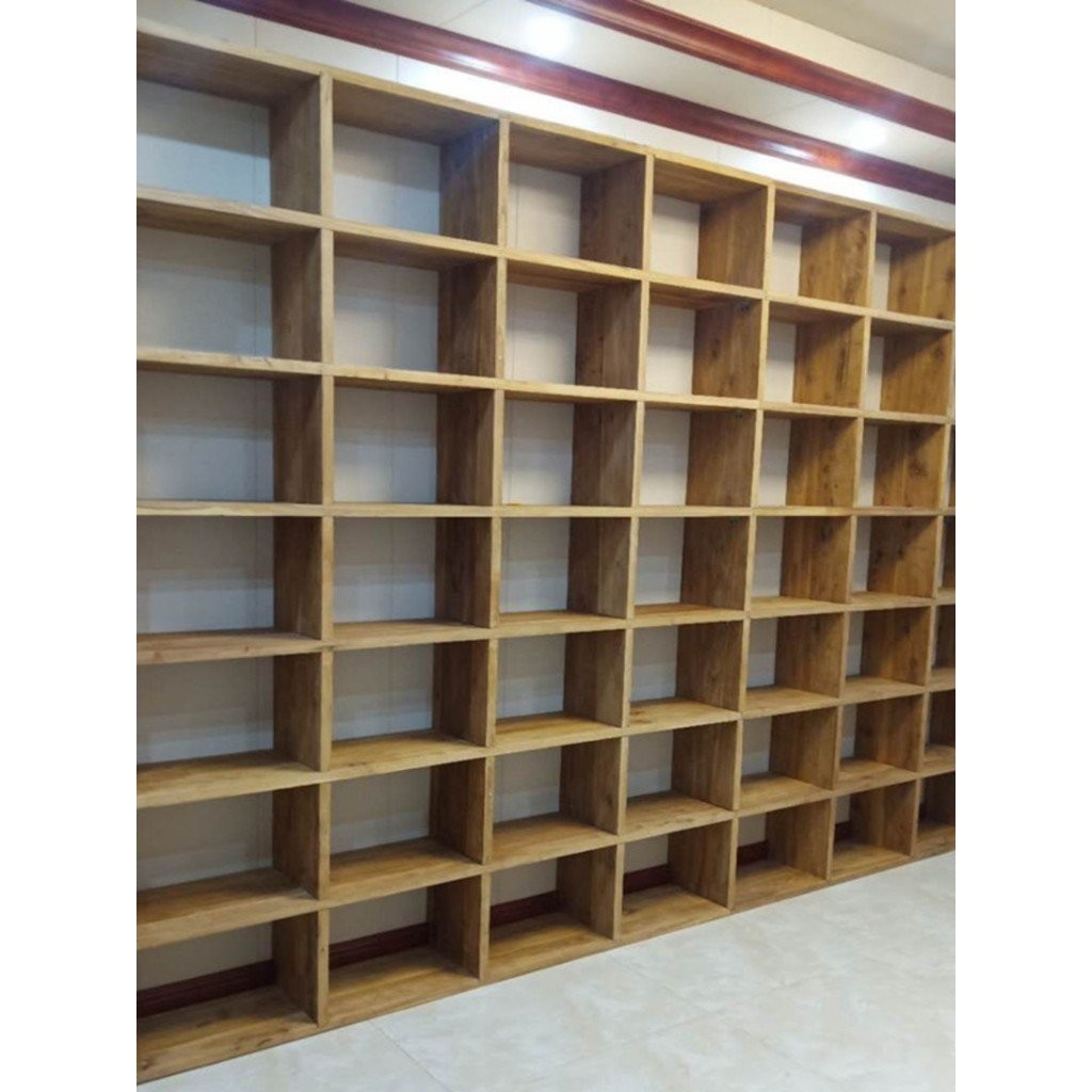 Solid Wood Bookshelf Old Elm Wood Whole Wall Grid Shelf Customizable ...
