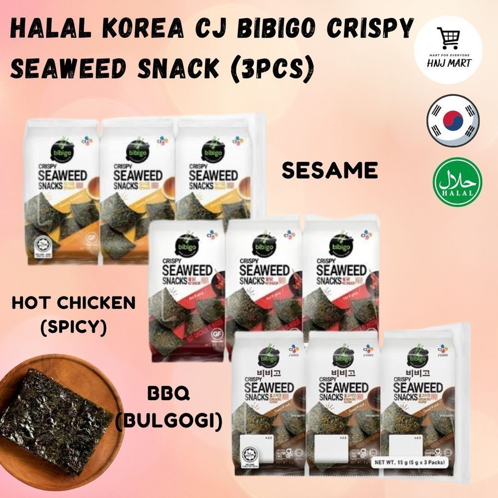 Halal Korea CJ Bibigo Crispy Seaweed Snack Flavor Halal Seaweed Korea (Hot Chicken/BBq/Sesame ...