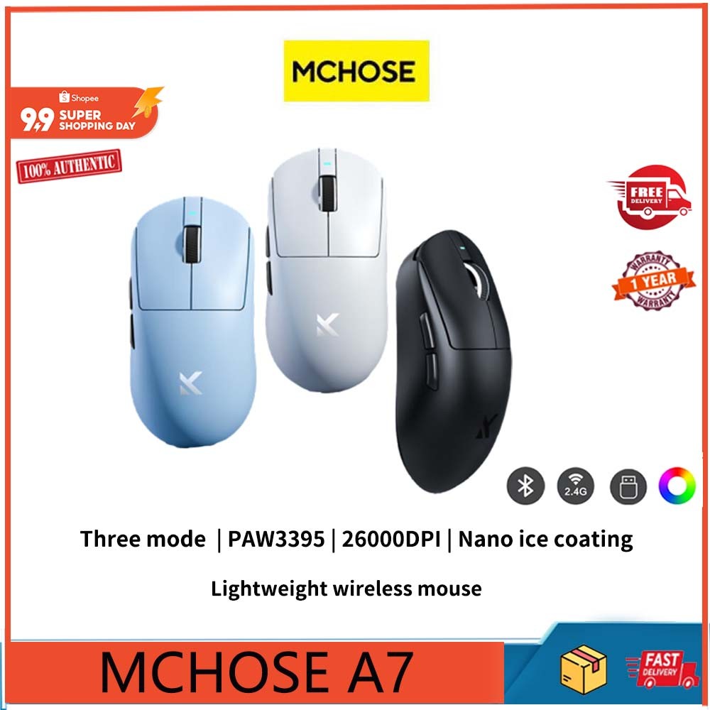 MCHOSE A7 high-order lightweight three mode wireless game mouse, dual 8K, PAW3395, ergonomic ...