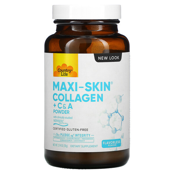Country Life, Maxi-Skin Collagen + C & A Powder, Flavorless, 2.74 oz ...