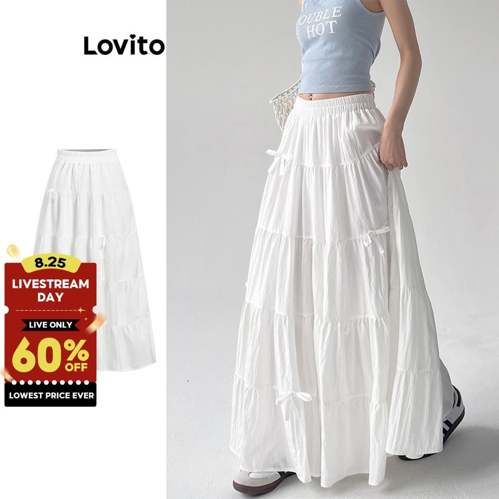 Lovito Romantic Skirts Plain Bow Cascading Ruffle Ruched Skirt for ...
