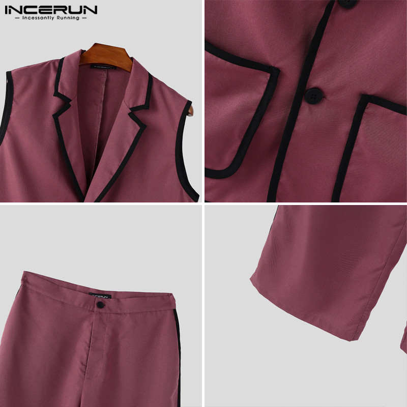 INCERUN Men Vintage Advanced Suit Neck Contrast Splicing Sleeveless ...