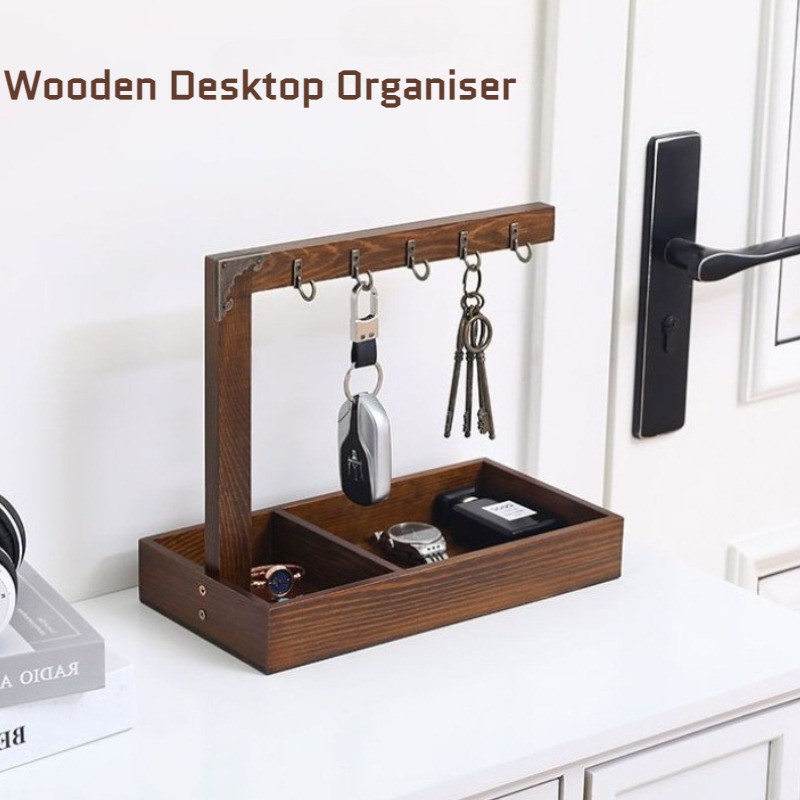 Wooden Desktop Storage Tray with Hook Entrance Door Desktop Tray ...