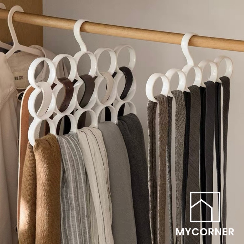 White Clothes Hanger with Hoops Creative Plastic 15 Ring Scarf Rack ...