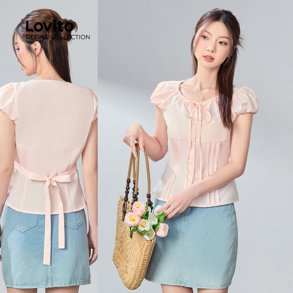 (Lovito Refine) Casual Plain Pleated Tie Front Light Pink Blouse for ...