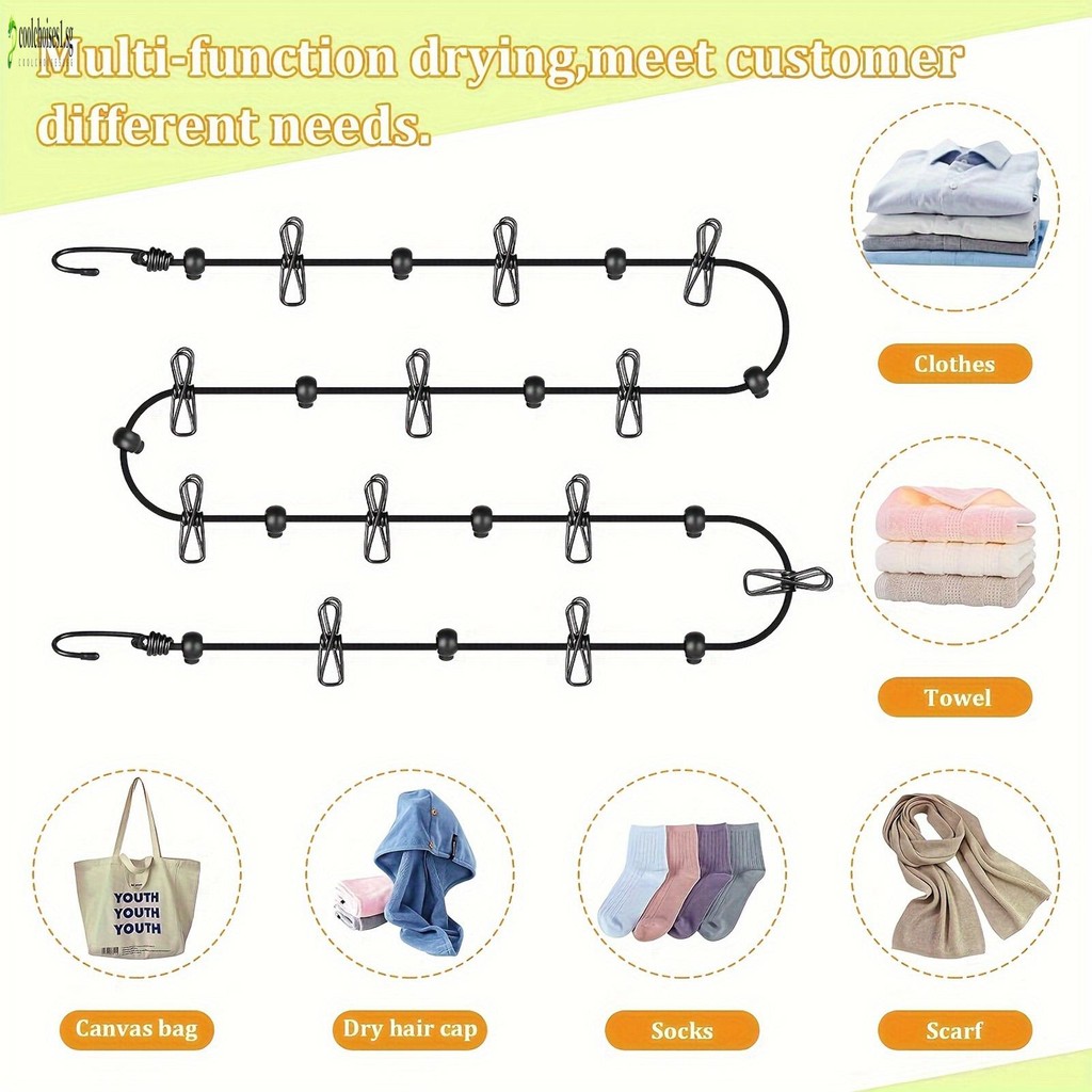 Windproof Clothesline with 12 Clips Portable Washing Line Adjustable ...