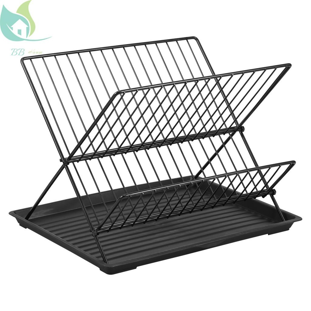 Dish Drying Rack with Drip Tray Foldable Dish Drainer Rack 2 Layer Dish ...
