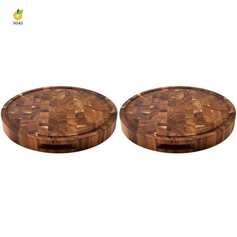 2X Acacia Wood End Grain Cutting Boards Wooden Butcher Block Meat Cutting Wood Thick Board Round ...