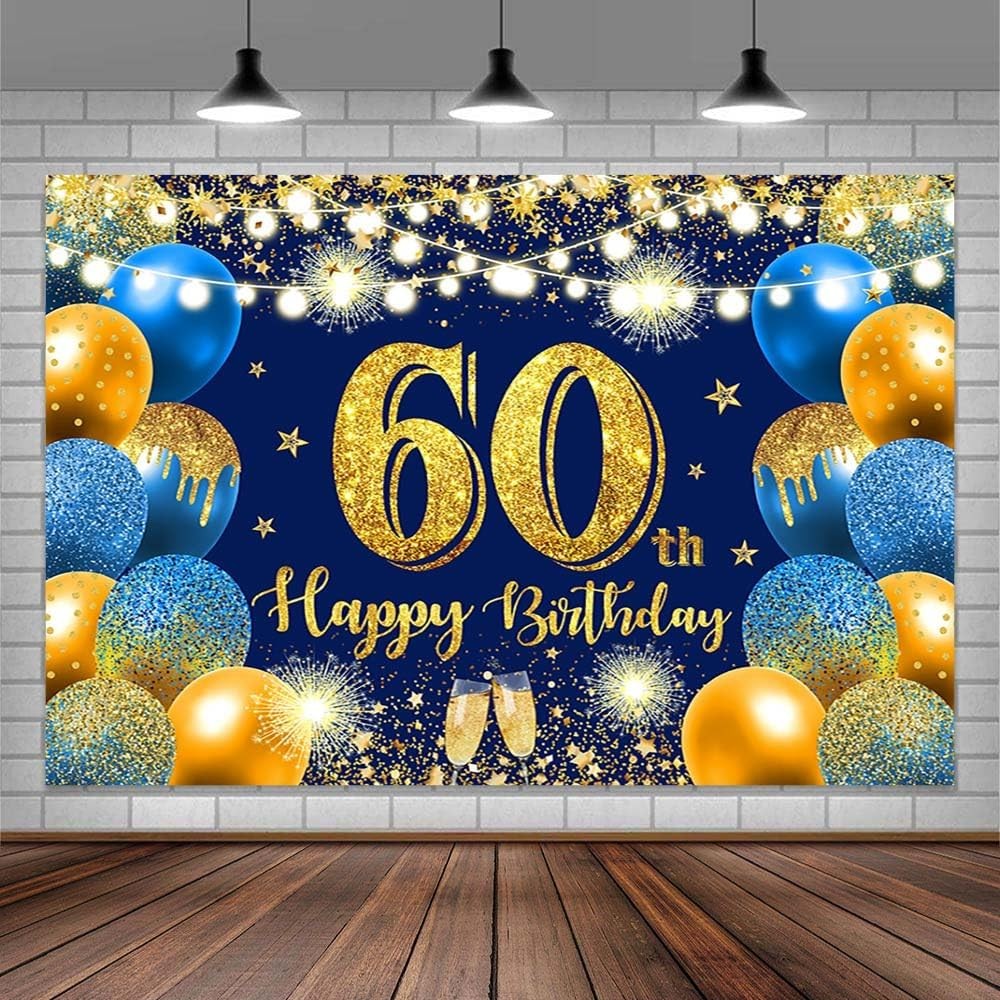 Happy 60th Birthday Photography Backdrop Blue Gold Glitter Birthday ...