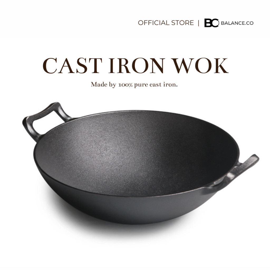 Balance.co Premium Pre-seasoned Pure Cast Iron Wok Non Stick Uncoated ...