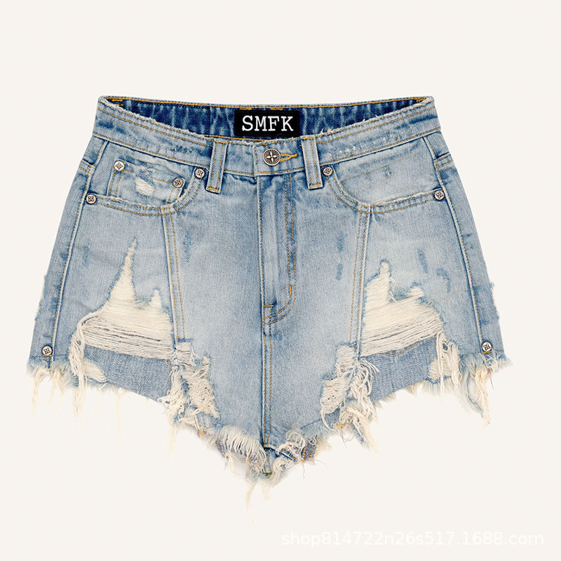 SMFK Wilderness Burning Denim Shorts Ji Zi with the Same Style Frayed ...