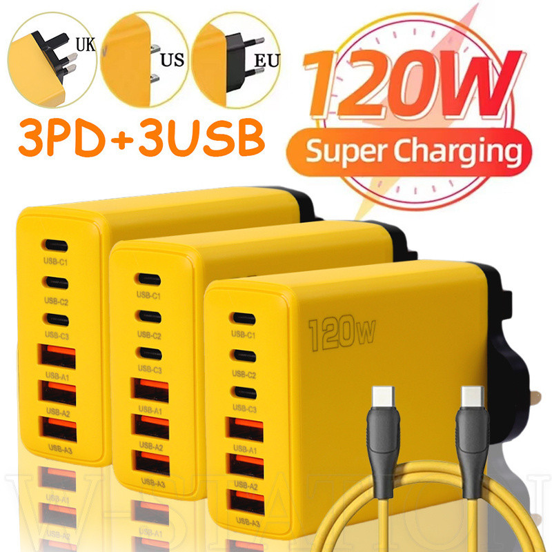 120W 6-Port USB-A USB-C Charger - EU US UK Travel Charging Set ...