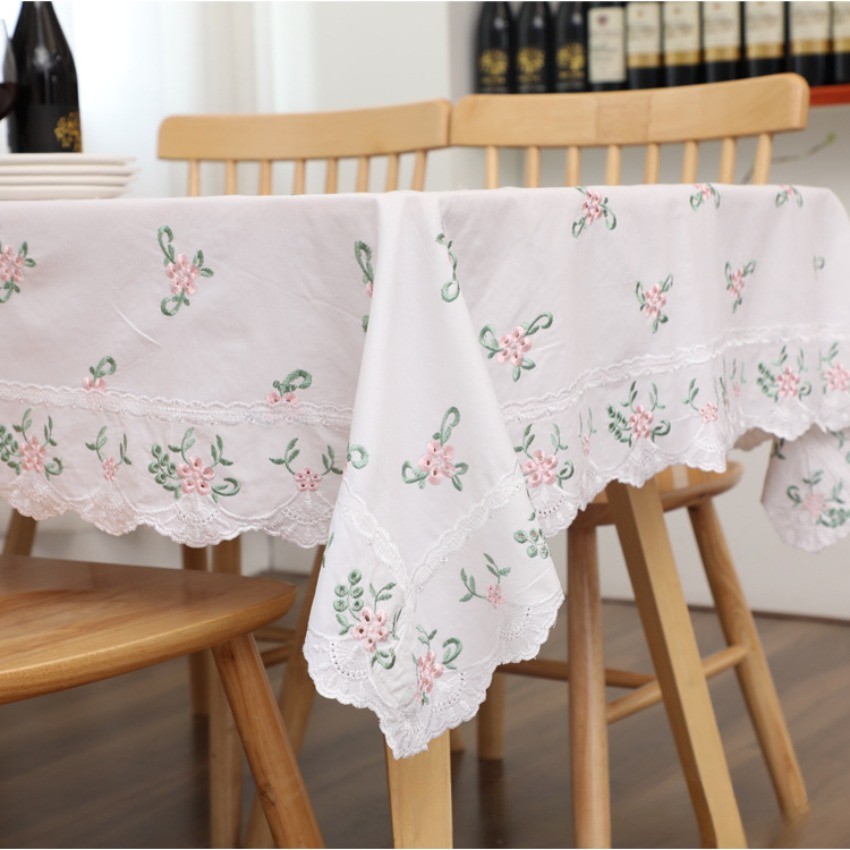 White Tablecloth Cotton Alas Meja Makan 4 6 8 Kerusi Embroidery Coffee ...
