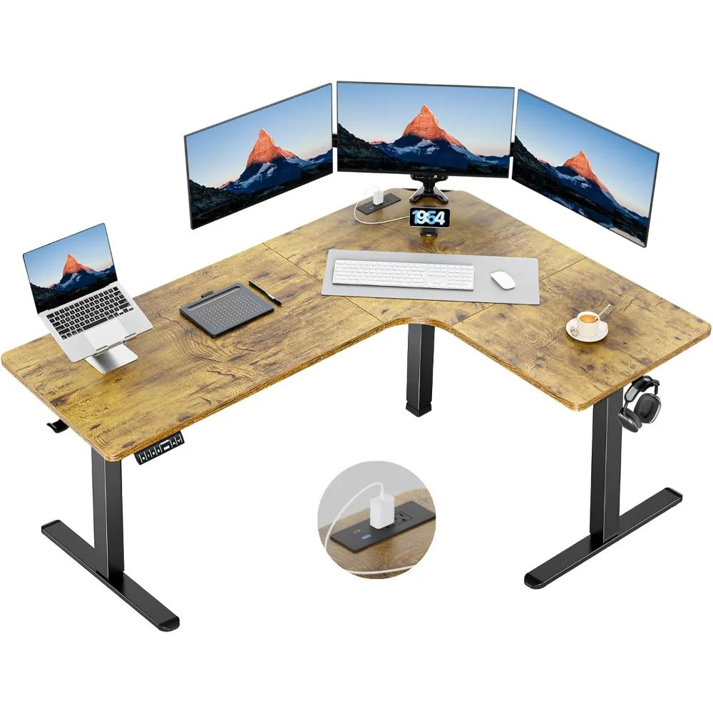 63″ Dual Motor L-shaped Standing Desk, Built-in Power Outlets, Electric ...