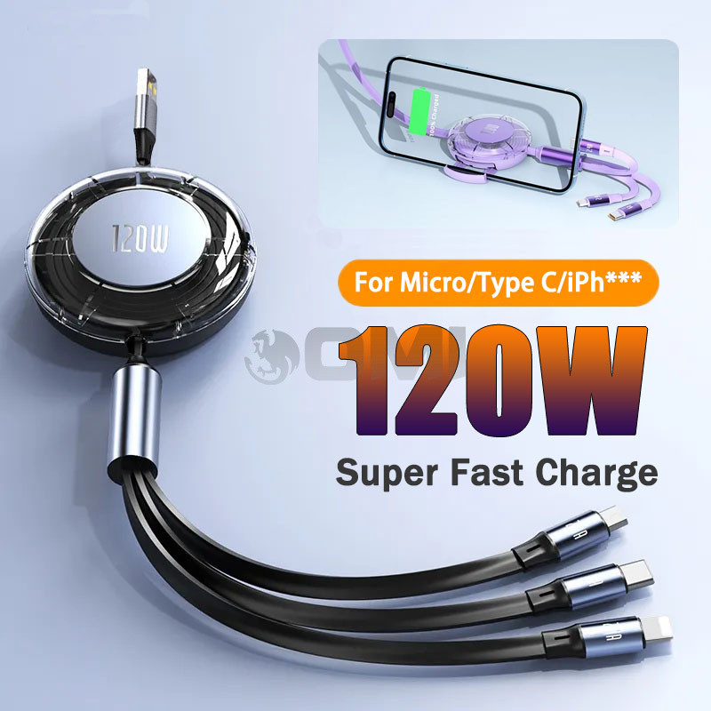 120W 3 in 1 USB Super Fast Charging Cable Micro Type C 6A Quick Charge ...