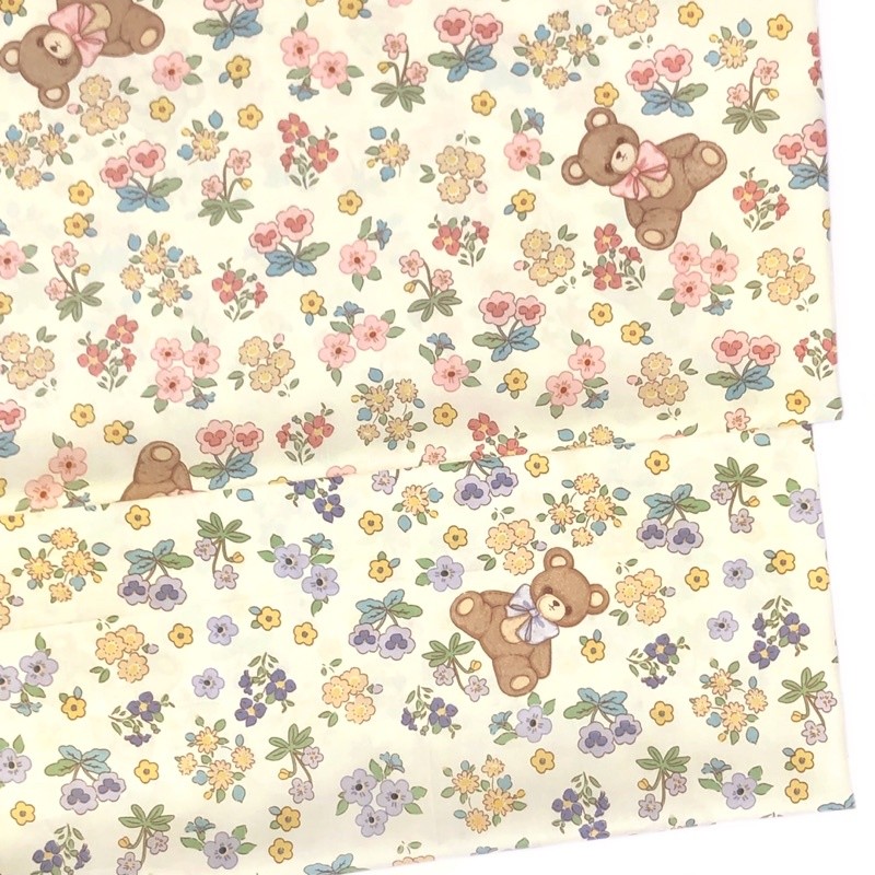 Cream Based Flower & Teddy Bear Combed Cotton Twill Woven Fabric (Width ...