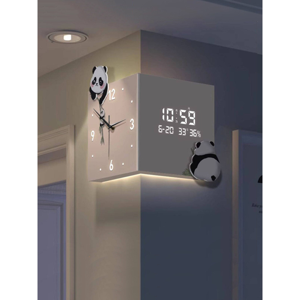 Punch-Free Panda Wall Clock Living Room Corner Clock Double-Sided Clock ...