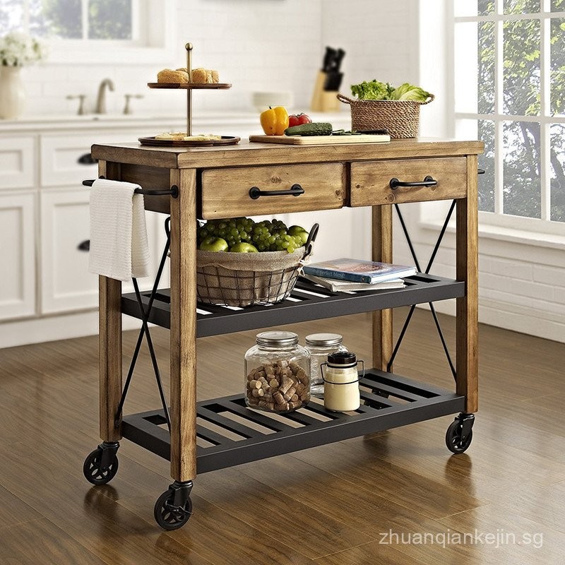American Style Solid Wood Movable Island Table Dining Cart Iron Art ...