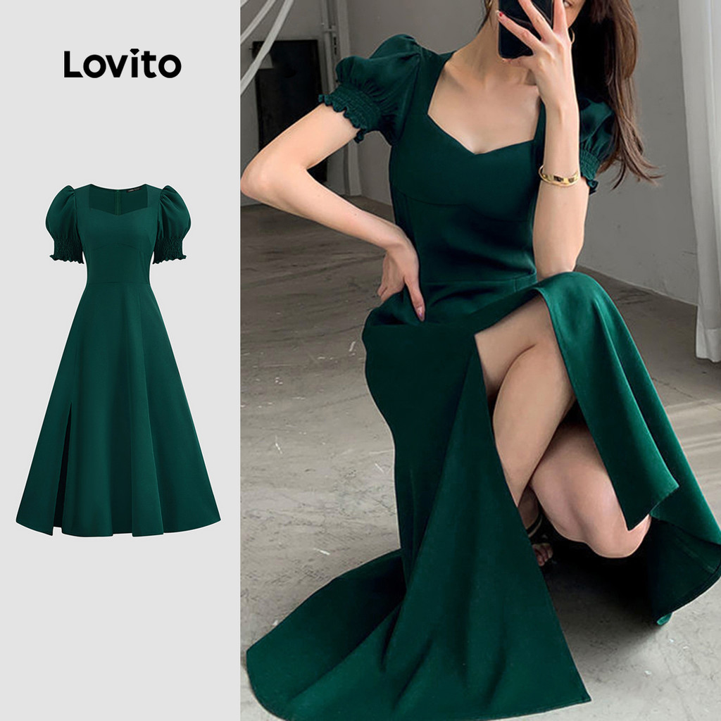 Lovito Elegant Plain Smocked Split Front Dress for Women L129ED267 ...