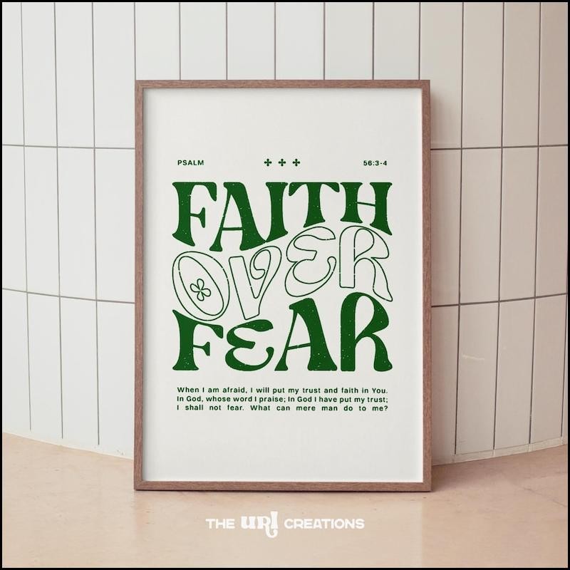 Faith Over Fear Print Retro Christian Wall Art Green Bible Verse Poster ...