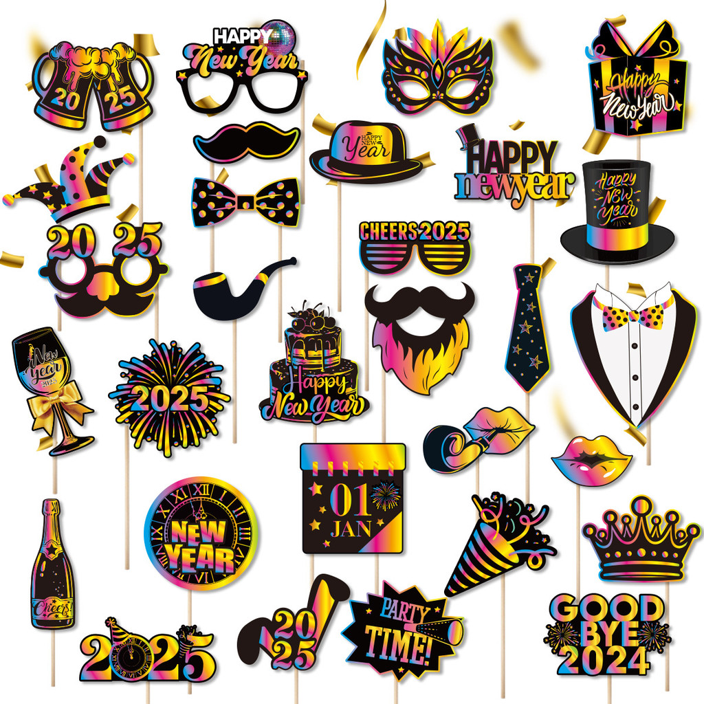 30 Pcs 2025 New Year Decorations Photo Booth Props Happy New Year Theme ...