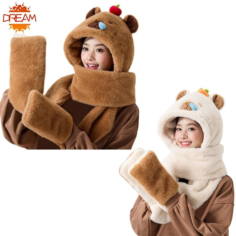 Dream Oversized Capybara Hat with Scarf and Gloves Set Skiing Hat Furry ...