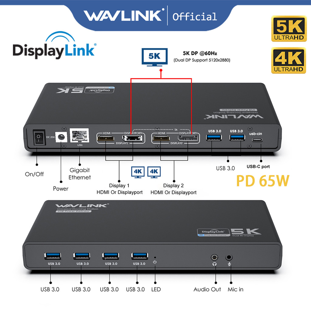 Wavlink USB C Dual 4K Displaylink Docking Station with 65W Charging Multiple Display HDMI ...