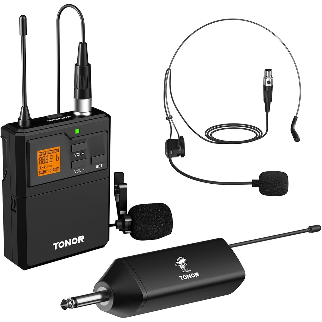 TONOR UHF Wireless Microphone System with Headset Mic/Lavalier Lapel ...