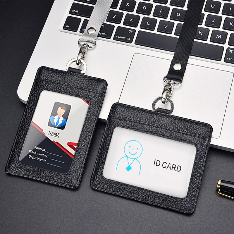 Top Layer Cowhide Badge Holder Black Real Leather ID Card Cases with ...
